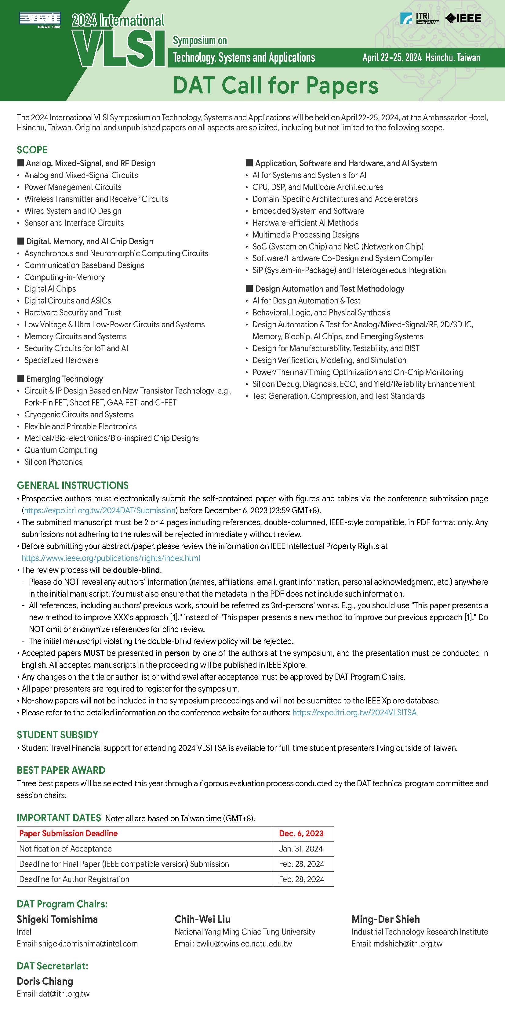 (投稿截止日延期到12/20) The 2024 International VLSI Symposium on Technology, Systems and Applications ...